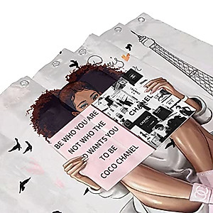 BIUSTAR 4-Piece Sexy African Black Girl Shower Curtain Set The Eiffel Tower Background Bathroom Set with Lovely Girl Curtain and Rug and Accessories Fabric Shower Curtain with 12 hooks-72 x 72 inches