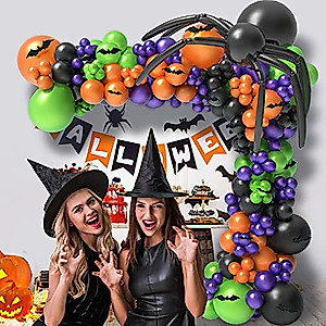 Bonropin Halloween Balloon Garland Arch kit with Black Orange Green Purple Balloons Spider Balloons, Long Balloons, 3D Bat Sticker for Halloween Theme Party Background Classroom Decorations