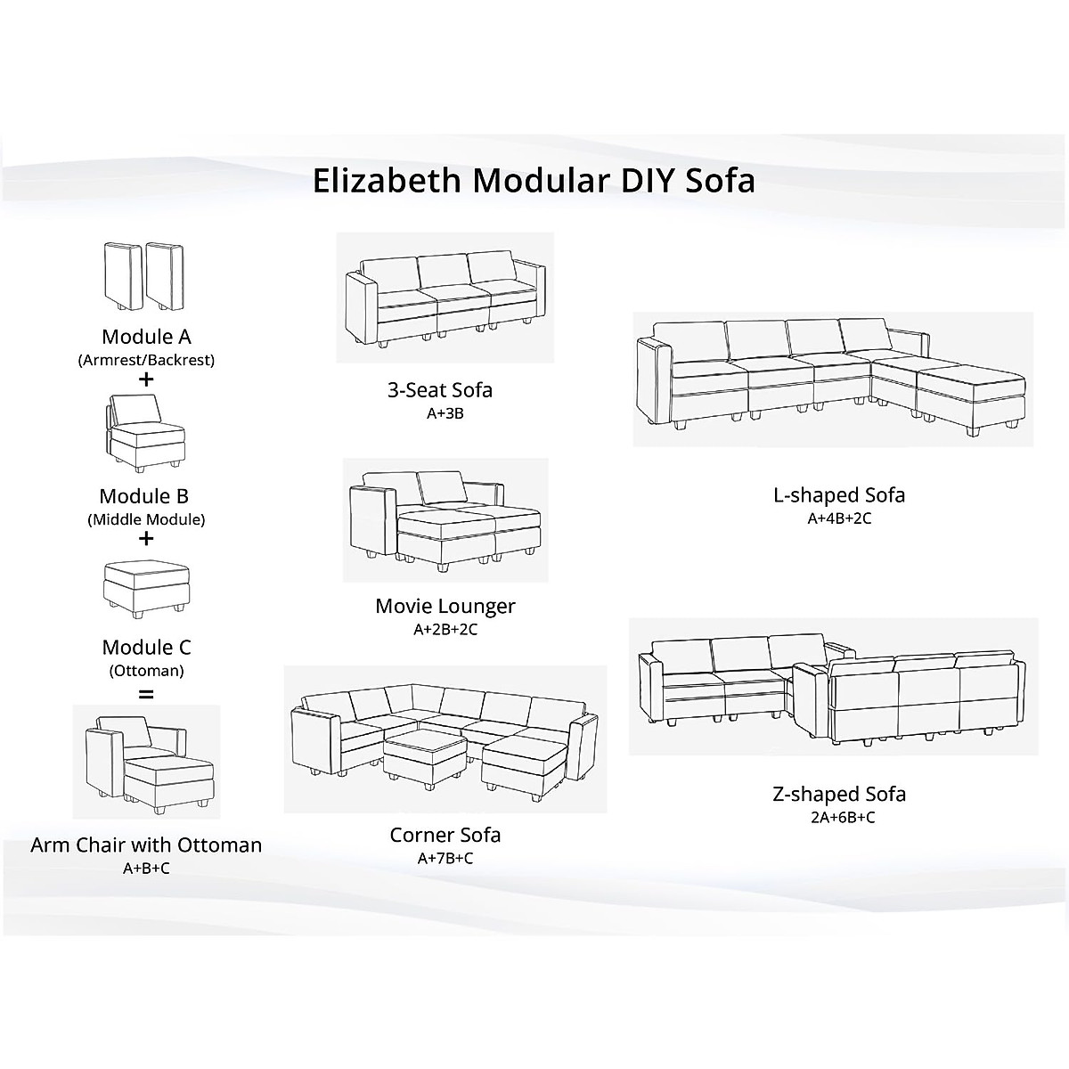 Naomi Home Modular Sofa Middle Module with Storage Accent Armless Chair for Modular Sofa Customizable Sectional Sofa Couch Accent Armless Chair, Linen, Gray