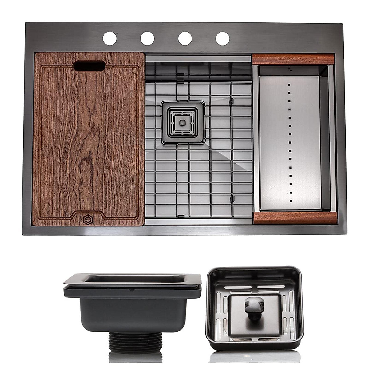 Strictly Sinks 33” Topmount Kitchen Workstation Sink-Black Single Bowl 16 Gauge Stainless Steel Drop In Sink with Wooden Cutting Board, Color Matching Colander & Strainer Square Drain