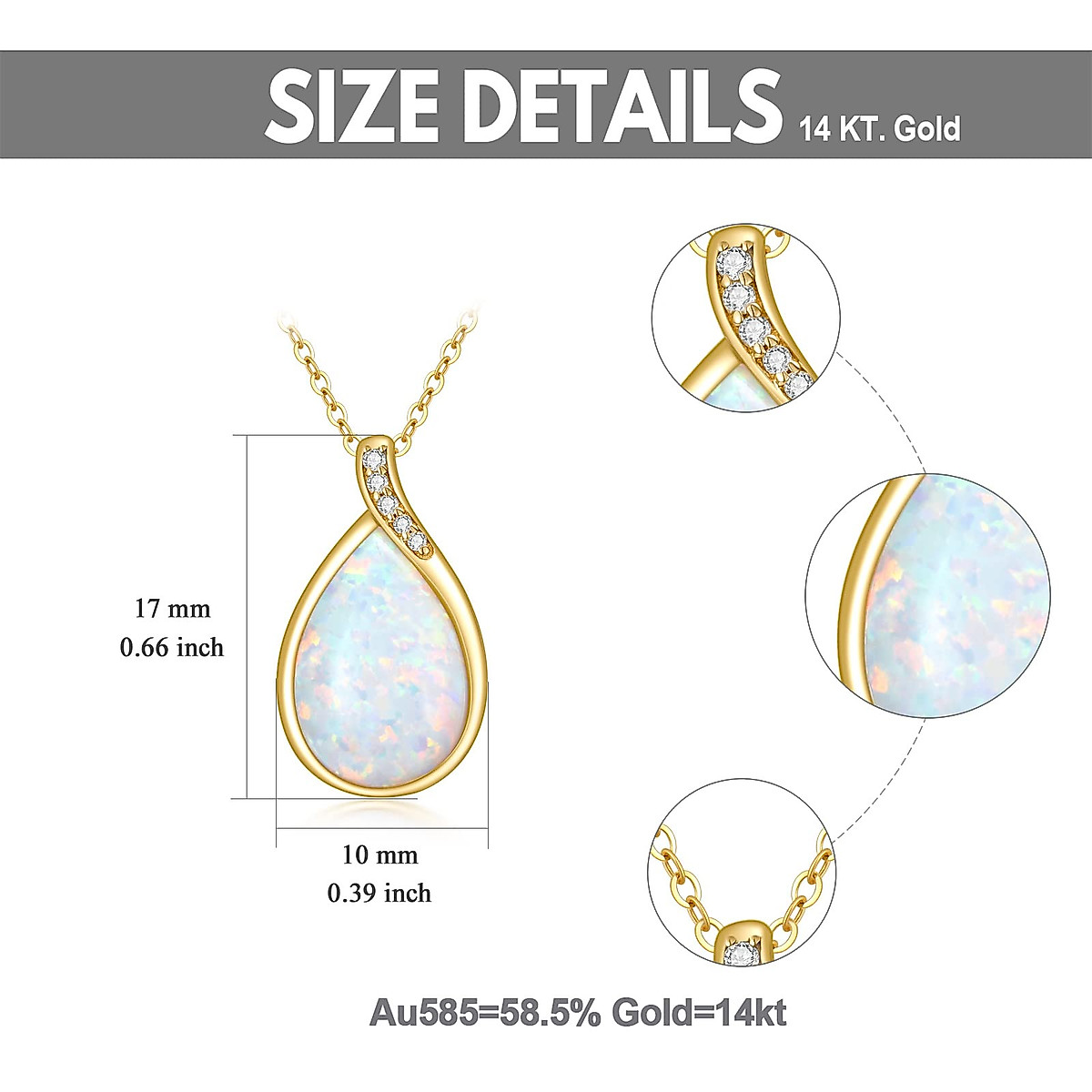 YDD 14k Solid Gold White Opal Necklace for Women Dainty Pear-Shape Teardrop Pendant Opal with Genuine Diamond Necklace Opal Gemstone October Birthstone Opal Jewelry Gifts for Her 16"-18"