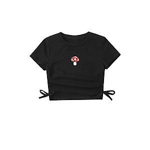 SOLY HUX Girl's Crop Top Graphic Tee Summer Drawstring Side Tie Knot Hem Round Neck Short Sleeve T-Shirts Black 11-12Y
