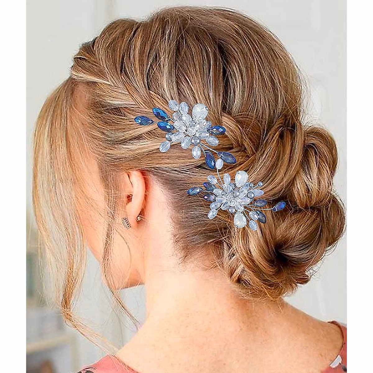 YBSHIN Bride Wedding Blue Hair Pins Silver Crystal Hair Clips Rhinestone Bridal Headpieces Beaded Hair Accessories for Women and Girls (Pack of 2)