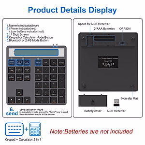 Bluetooth Number Pad - 2.4G Wireless Numeric Keypad with Display Calculator - Wireless Number Pad Slim 34-Key Portable Financial Accounting Numpad Data Entry & Calculation 2in1 for Laptop Desktop PC