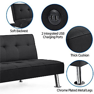 Convertible Folding Futon Sofa Bed,Modern Fabric Sleeper Couch Bed with 2 USB Ports,Recliner Sofa with Chrome Legs for Living Room Dorms Apartment Office