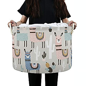 Large Round Storage Basket - Cactus Llama Canvas Home Organizational Solution Toy Storage Bin for Laundry Hamper,Toy Bins,Gift Baskets, Bedroom, Clothes,Baby Nursery