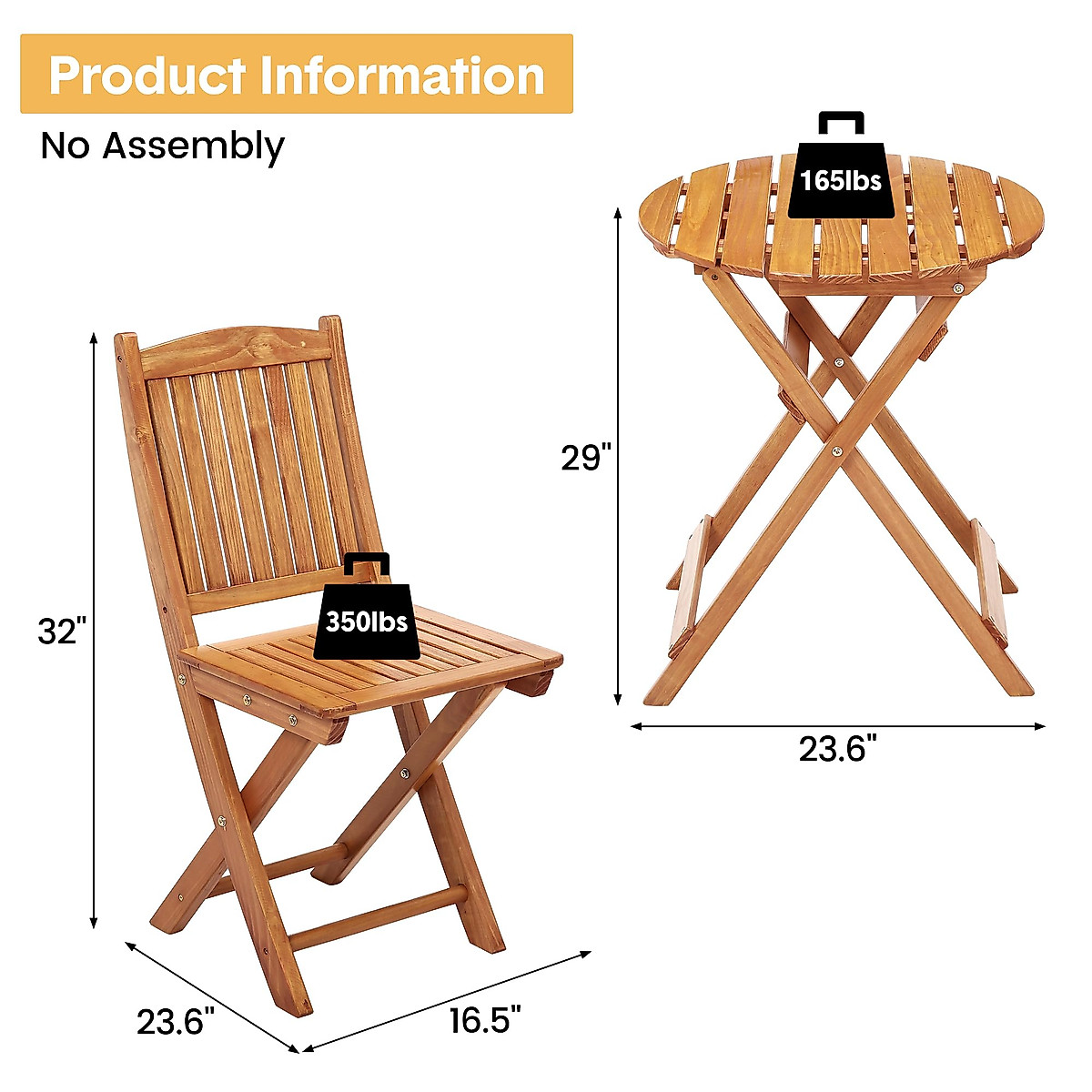 TROPOW Foldable Patio Furniture Set, Outdoor Bistro Set for 2, Wooden Table and Chairs Set, Bistro Patio Set for Poolside, Beach, Backyard, Balcony, Deck