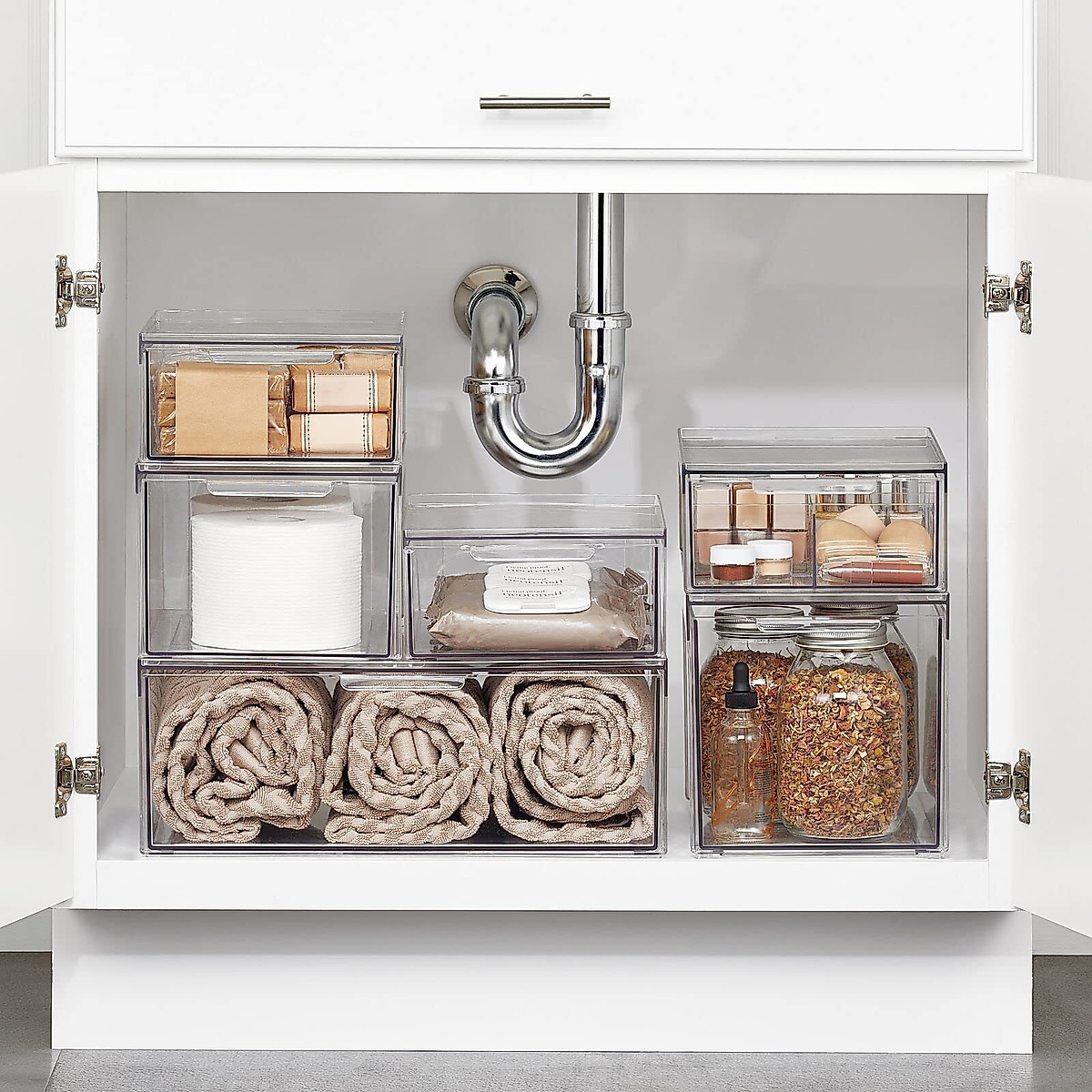 mDesign Plastic Stackable Bathroom Storage Organizer Bin with Pull Out Drawer for Cabinet, Vanity, Shelf, Cupboard, Cabinet, or Closet Organization - Lumiere Collection - 4 Pack - Clear