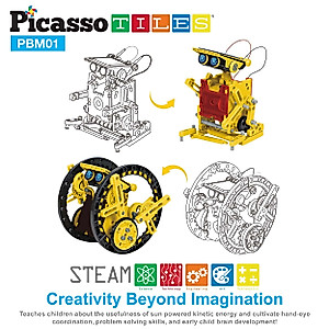 PicassoTiles STEM Kids Solar Powered Transformer Robot Educational Learning Engineering Building Toy 12-in-1 Creative Unique Transformation Renewable Energy Science Experiment DIY Kit Boy Girl Age 8+
