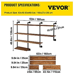 VEVOR Industrial Pipe Shelving, Pipe Shelves with 4-Tier Wood Planks, Rustic Floating Shelves Wall Mounted, Wall Shelf DIY Bookshelf for Bar Kitchen Bathroom Farmhouse Living Room, 63x50x11 inch