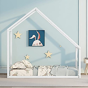 Prohon Montessori Bed for Girls & Boys, Twin Size Toddler Floor Bed Metal Bed Frame, Floor Beds Twin with Fence Rails & Roof Design, No Box Spring Needed, White