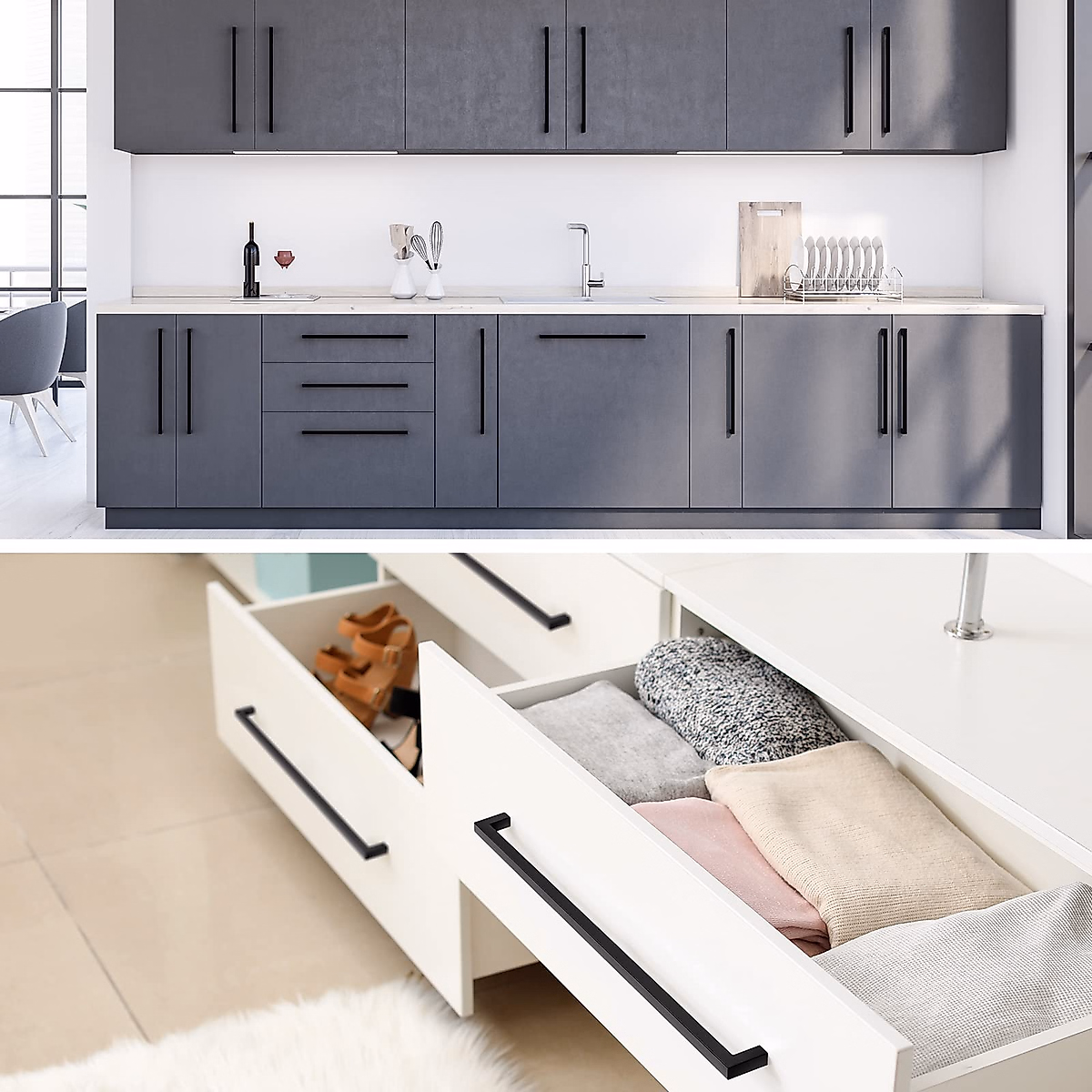 IronFun 6-Pack|12-3/5 Inch Black Cabinet Pulls Handles for Kitchen Extra Long, Dresser Drawer Pulls Handles Modern Euro Style，Square Stainless Steel T Bar Pulls Knobs 12.6 in