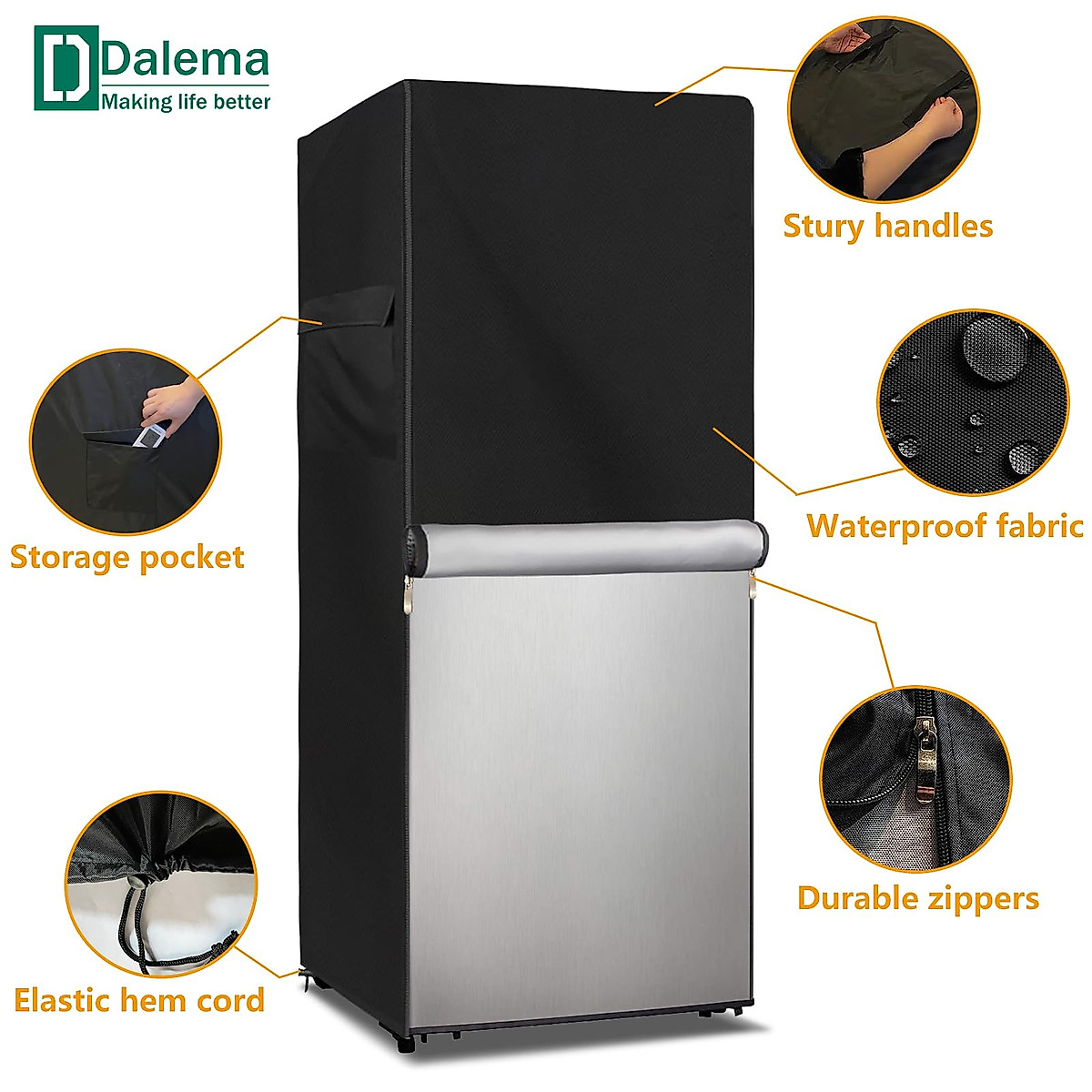 Dalema Outdoor Refrigerator Cover,600D Heavy Duty 100% Waterproof Upright Freezer Cover,Outside Stand Up Fridge Covers.Front Can Be Rolled-Up by Zippers.(Black,24" W x 30" D x 67" H)