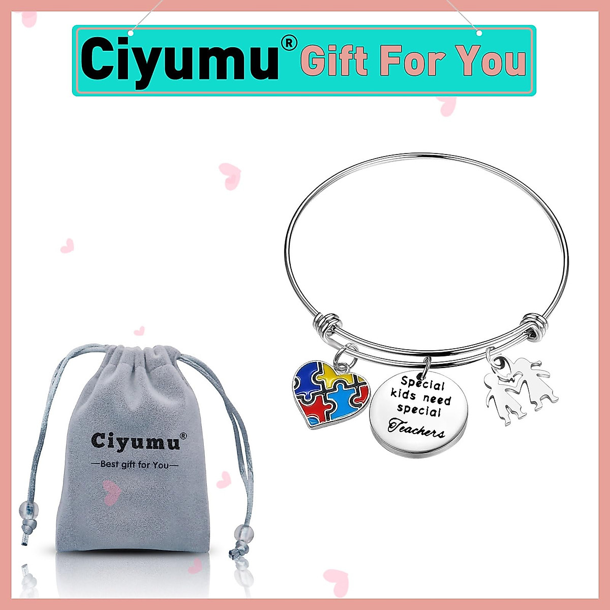 Autism Teacher Bracelet for Autism Teacher Gift for Autism Awareness Bracelet Autism Awareness Gift Autism Charm Bangle for Autism Awareness Educator Gift Jewelry for Autism Teachers Appreciation Gift