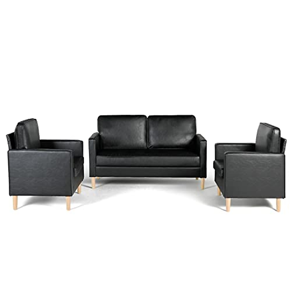 AILEEKISS Mid-Century Sectional Sofa Set Faux Leather Office 3 Pcs Couch Set with Armrest Modern Upholstered Loveseat Couches (1-Seater+1-Seater+2-Seater, Black)