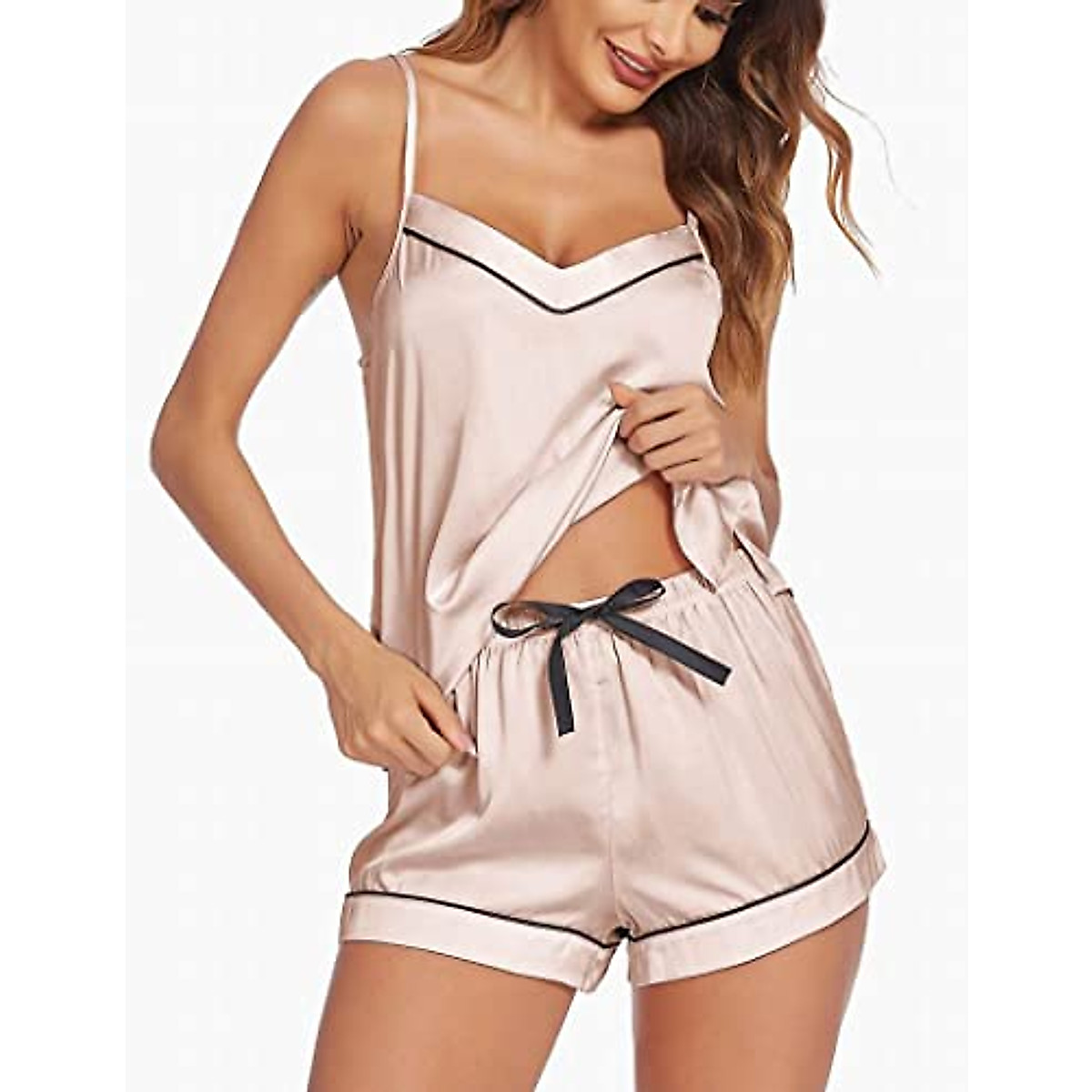 Ekouaer Sleepwear Set Women's Satin Cami Sleep Shirts with Short Lounge Shorts Silk Soft Pjs Set Valentines Gifts (Champagne,M)