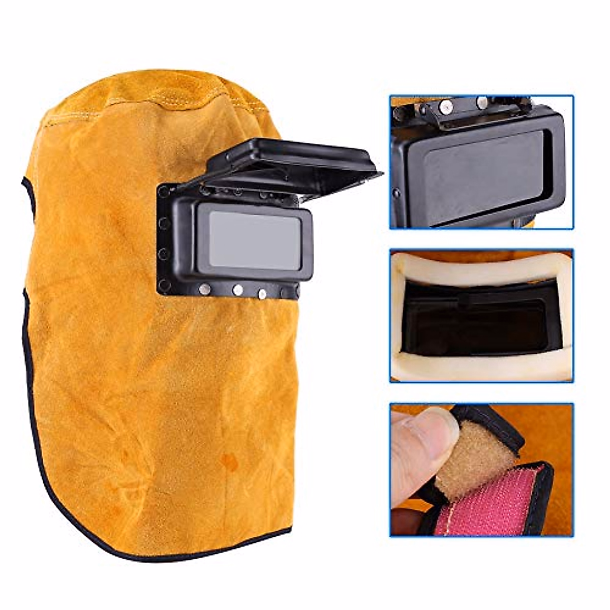 Leather Welding Hood Welder Mask Breathable Welding Helmet For Eyes Face Neck Protection Leather Welding Mask with Lens, Yellow