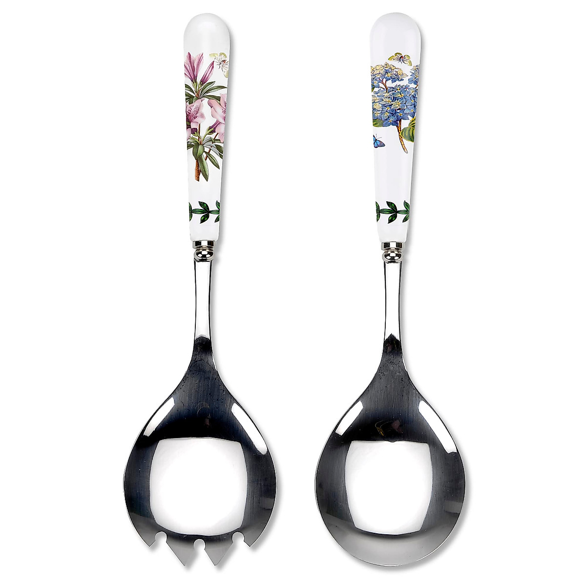 Portmeirion Botanic Garden Set of 2 Salad Servers | 10 Inch Salad Serving Set | Azalea and African Lily Motifs | Made from Stainless Steel and Porcelain