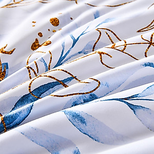Blue Botanical Duvet Cover Set Queen, 3 Pieces Reversible Blue Gold Leaves Printed Bedding Set with Zipper Closure, Soft Microfiber Flower Duvet Cover Queen 90"x90"(Not Comforter)