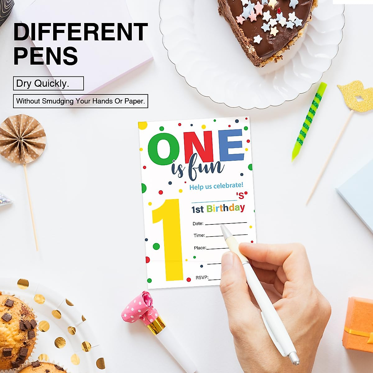 EUDOSI One is Fun 1st Birthday Party Invitations Supplies Fill-In Set of 20 with Envelopes Polka Dot 1st Birthday Bash Invites Cards, Double Sided