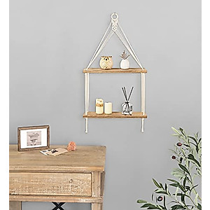 Mkono Macrame Hanging Shelf Boho Wall Decor 2 Tier Handmade Cotton Rope Rustic Wood Floating Shelves Display Photos Plants Hanging Storage Shelving for Living Room Nursery Bathroom Bedroom