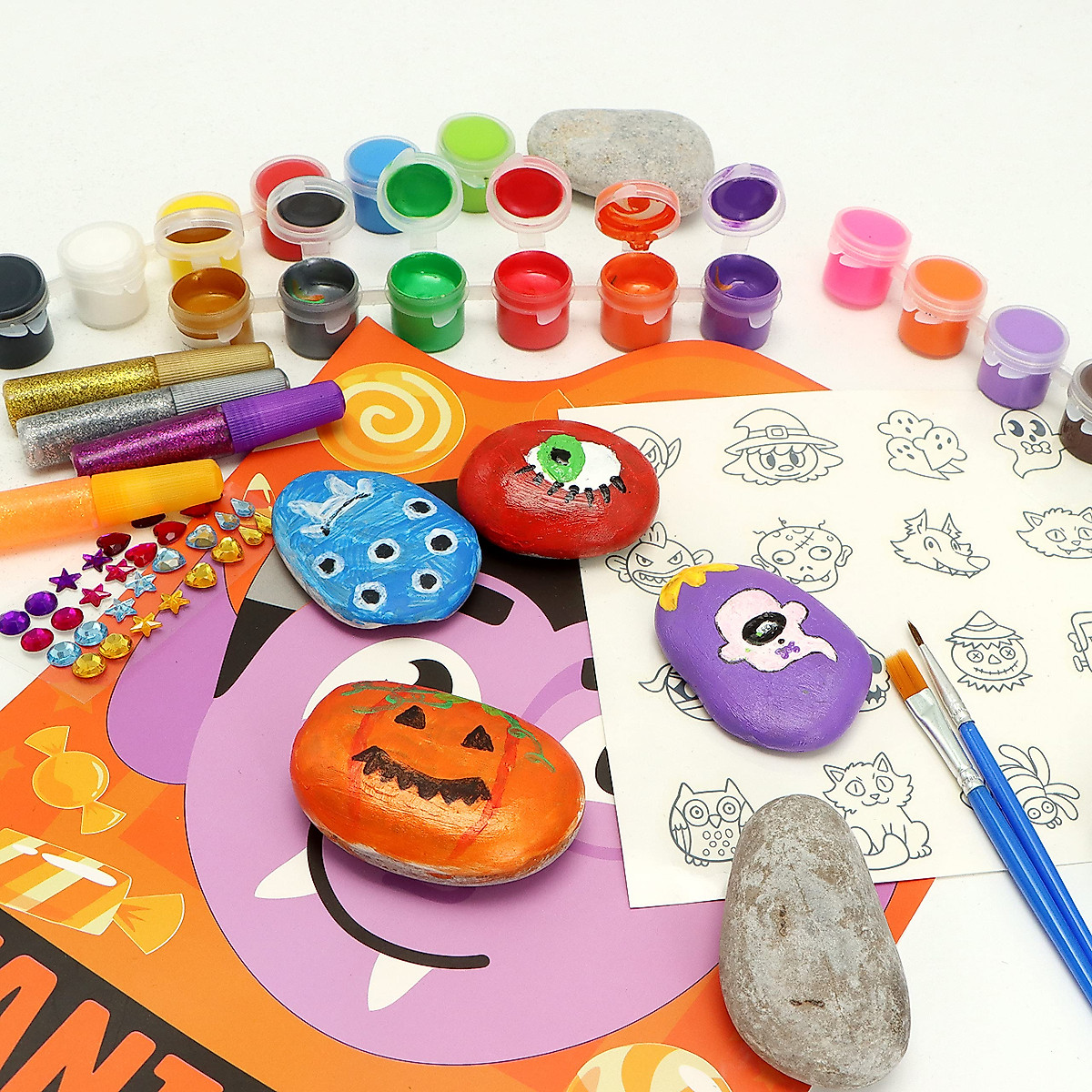 Klever Kits 12 Halloween Rock Painting Kit for Kids, Creativity Arts Crafts DIY Supplies Kit with 18 Paint Tubs, Decorate Your Own for Kids Painting Gifts, Family Activity, Birthday Present, Halloween