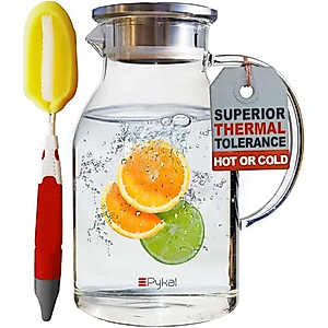 Pykal Glass Water Pitcher with Lid - 68 Oz - Heat Resistant Iced Tea or Coffee Jug with Handle and Lid - Borosilicate Pitchers for Hot or Cold Liquids - w/Free Brush
