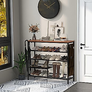 Bonzy Home Shoe Rack For Entryway, 5-Tier Shoe Shelves with Umbrella Holder and Fabric Pockets, Metal Mesh, Flat & Slant Adjustable Free Standing Shoe Racks for 21 Pairs