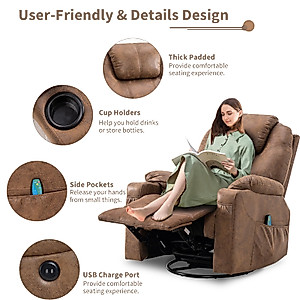 EPICOZY Manual Swivel Rocker Recliner with Heat and Vibration, 360° Swivel Glider Massage Lounge Chair, Ergonomic Single Sofa Recliner with 2 Cup Holders Side Pockets & USB Port, Brown