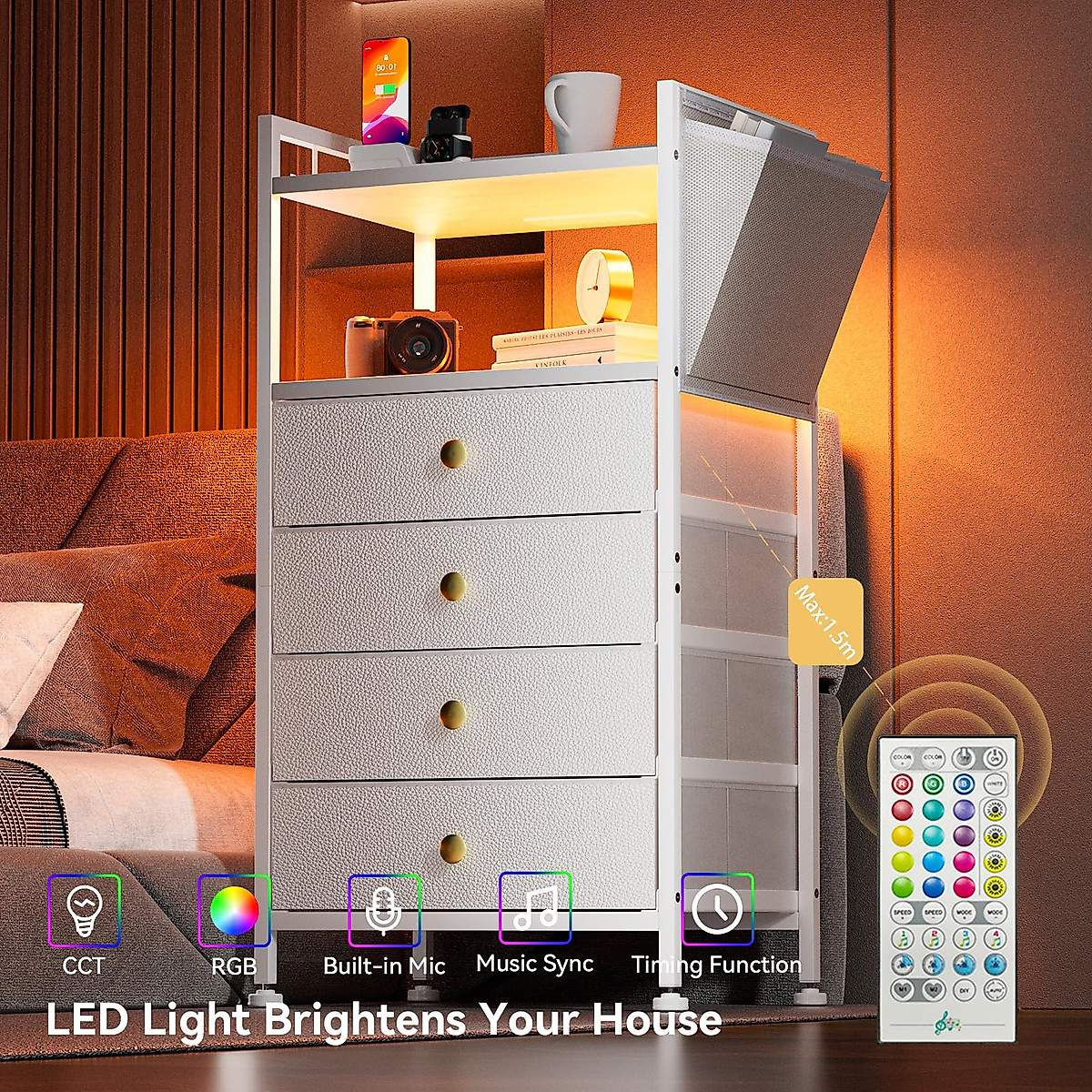 GipGiper White Nightstand with Charging Station, LED Nightstand with 4 Fabric Storage Drawers, Small Dresser for Bedroom, Entryway, Hallway, College Dorm Furniture Tall Nightstand Bedside End Table