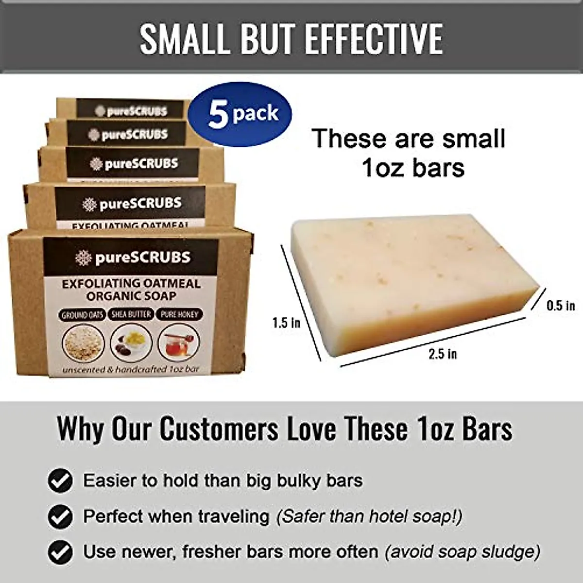 pureSCRUBS Exfoliating Oatmeal Organic Bar Soaps, Made with Finely Ground Oats, Shea Butter & Pure Honey, Unscented & Handcrafted - Small 1oz Bar (5 pack)