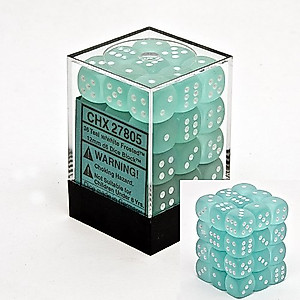 Chessex Dice d6 Sets: Frosted Teal with White - 12mm Six Sided Die (36) Block of Dice