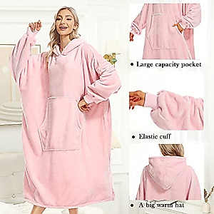 Kipswiza Wearable Hoodie Blanket for Women Flannel Warm Lightweight Long Blanket Thick Soft Big Hooded Sweatshirt Blanket for Adults Womens Girls Teenagers Teens Gifts Light-Pink