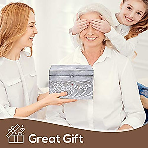 Wooden Recipe Box with Cards and Dividers,100 Recipe Cards 4x6 Double Sided and 100Clear Recipe Card Protectors,10 Wood Dividers Rustic Style Set,Grandma Mom Women Wedding Bridal Shower