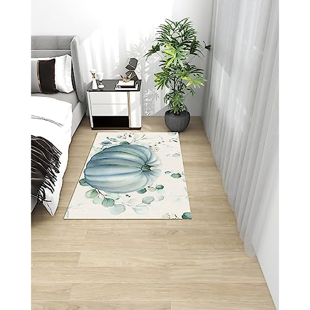 Rustic Blue Pumpkin Large Rectangular Area Rugs 5' x 8' Living Room, Durable Non Slip Rug Carpet Floor Mat for Bedroom Bedside Outdoor Thanksgiving Fall Green Eucalyptus Leaves