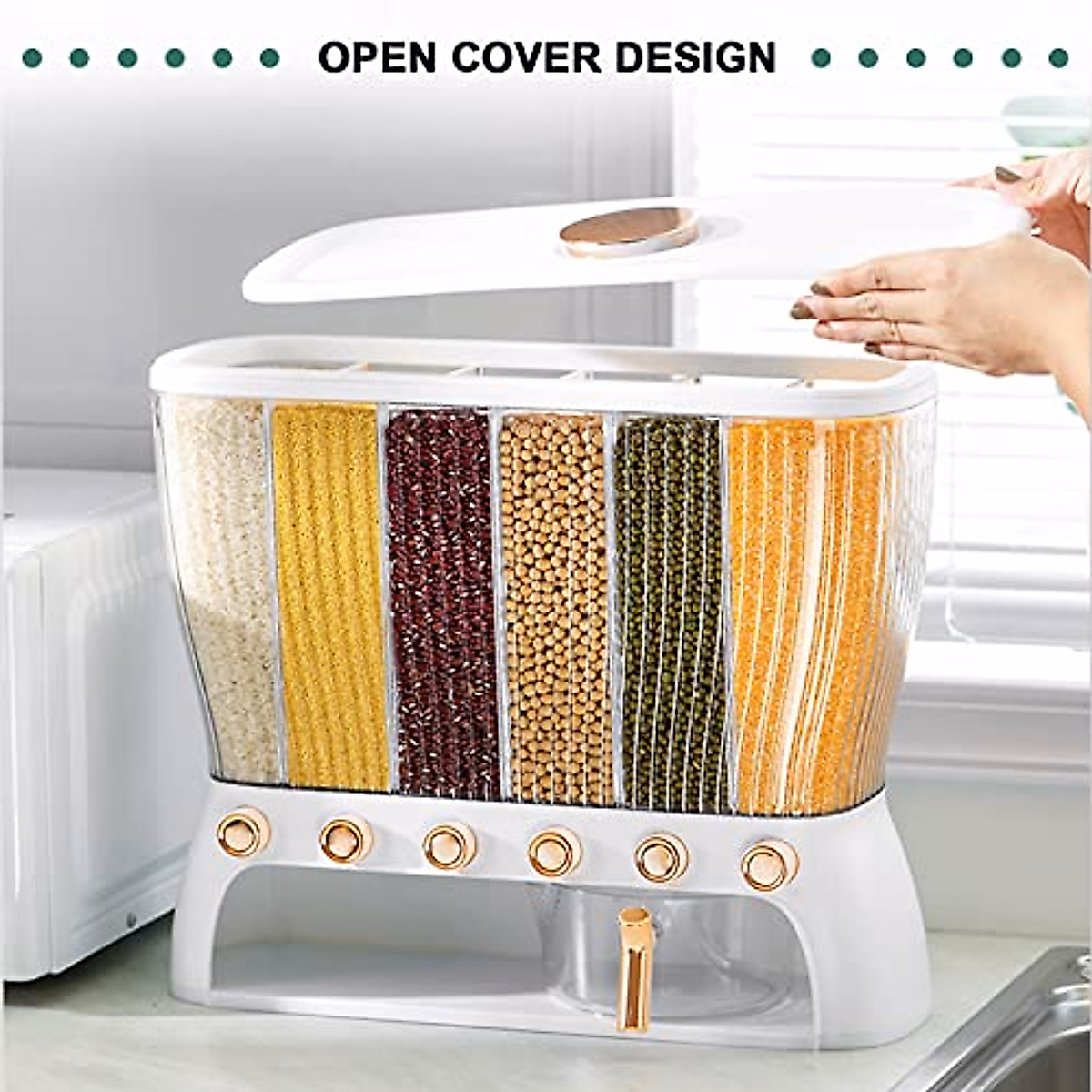 JIAWANSHUN Rice Dispenser Food Storage Container 6 Grids Bulk Rice Organizer Box Countertop Rice Holder Kitchen Dispenser Keeper for Grains Beans Corns