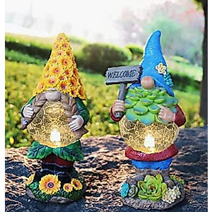 Koncenttop S/2 Gnomes Garden Outdoor Figurine Lights Decor, Solar Light Gnomes Stuatues Yard Decoration, Resin Gnome Figurine Gnome Lady with Sunflower Hat, Outdoor Pation Decor, Gome Gift,Yard Decor