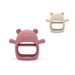 MOMMYS BABY Groundhog Teether Set, Baby Teething Toy, Anti Drop Silicone Mitten Teether, Infant Chew Toy, Teething Pain Relief Toy, Pacifier 2 in 1 |Beige, Dark Pink | Baby Teether Toy