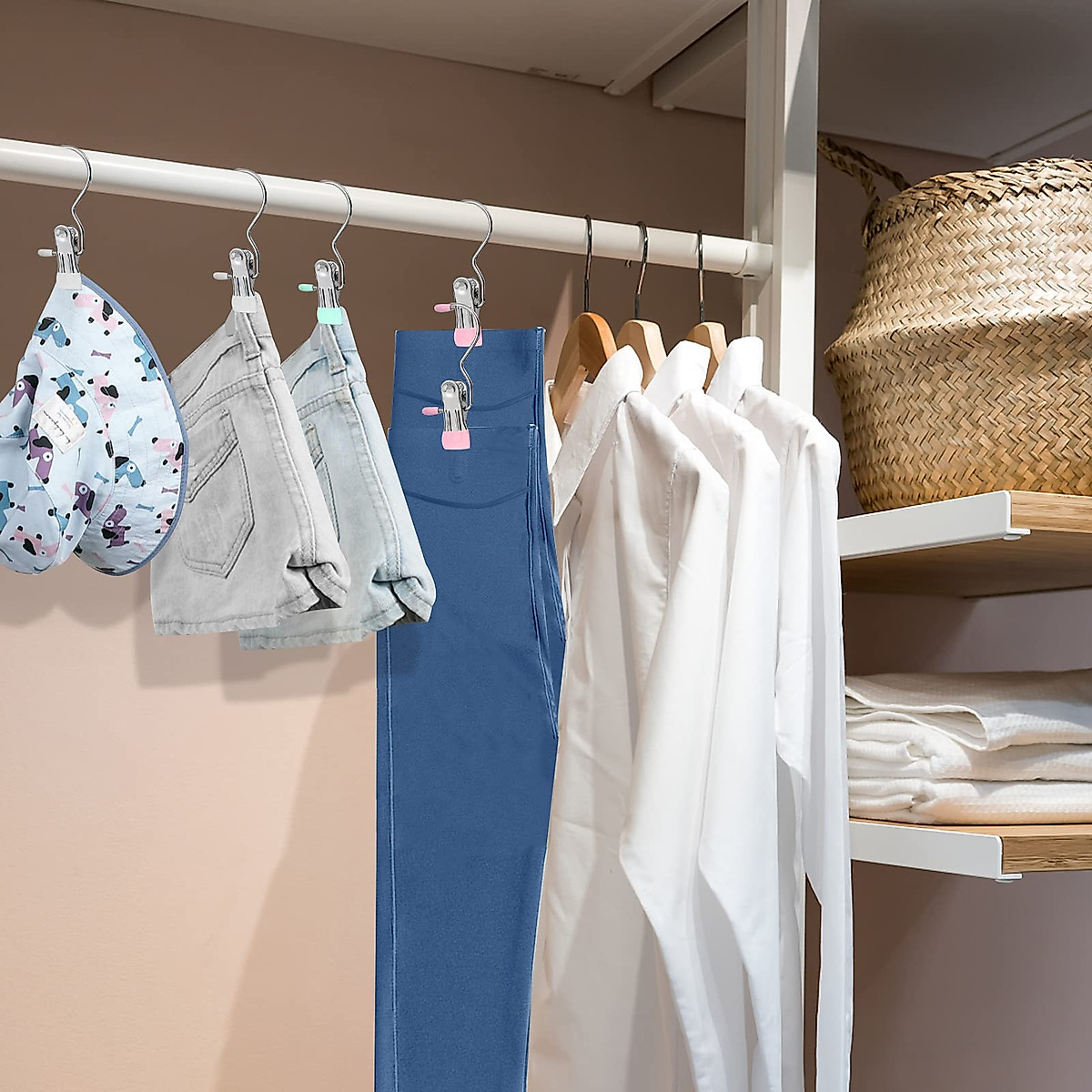 40 Pack Legging Organizer for Closet, Pants Hangers Space Saving, 360°Rotating Hangers for Yoga T-Shirts, Tights Gym Clothes, Portable Stainless Steel Single Clips with Rubber Coated for Travel