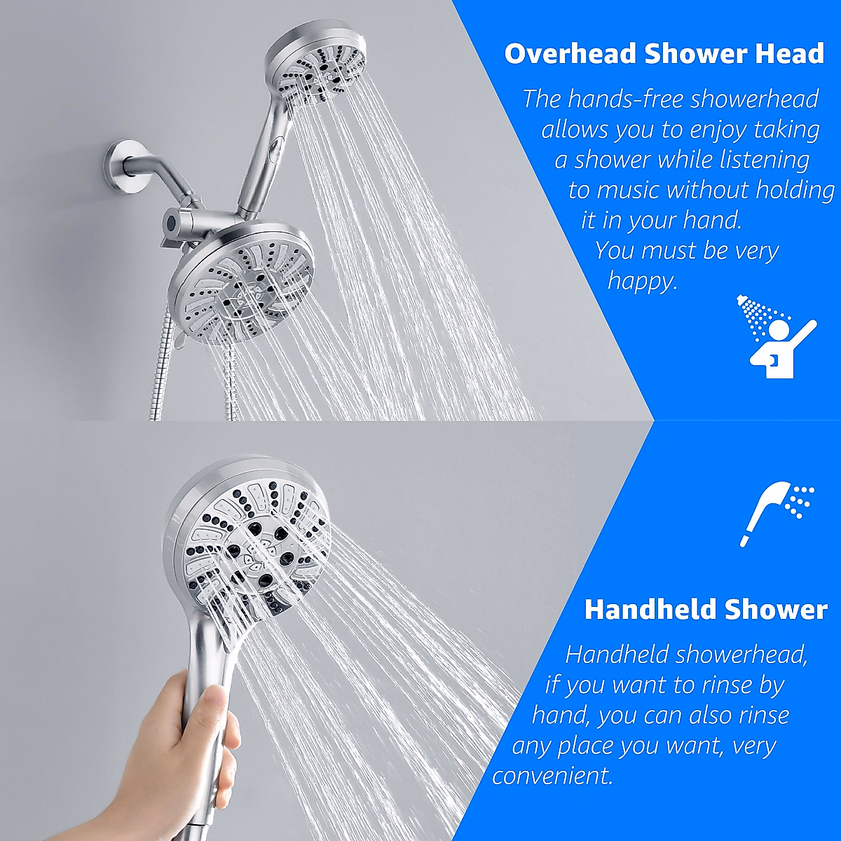 AMAZING FORCE 8.6 Inch Handheld Shower HeadShower High Pressure Handheld Shower With 6 Way Rainfall Combo Shower Sprayer