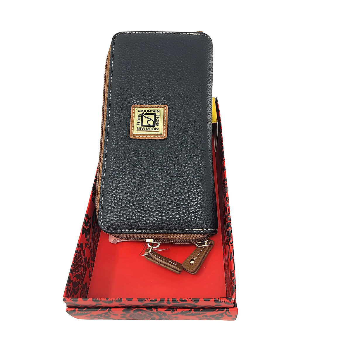 Stone Mountain Large Leather Zip Around Black/Brown Pebble Wristlet Wallet | 8X 1.5 X 4 inch