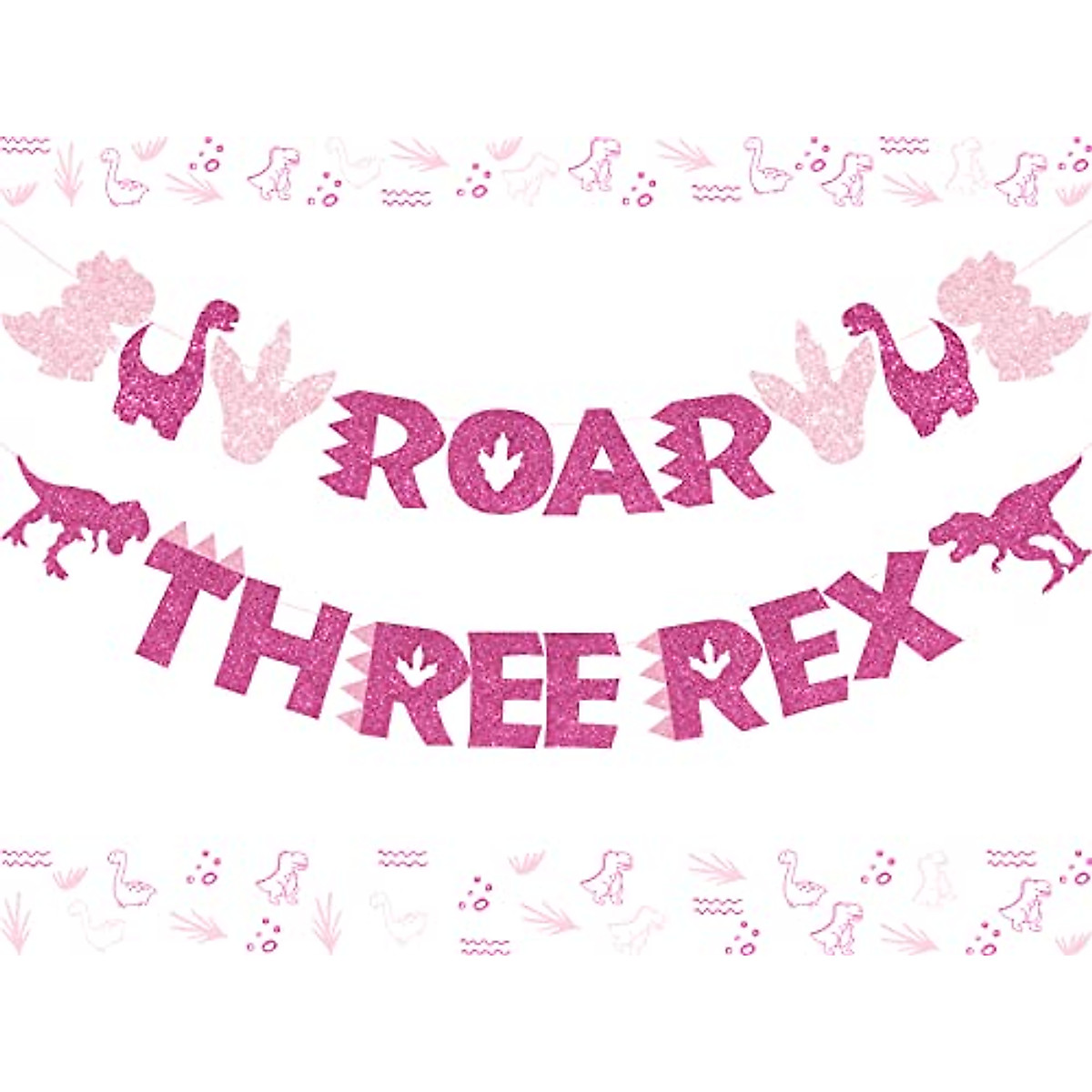 Three Rex Banner Rose Red and Dinosaur ROAR Garland Glitter for Girls 3rd Birthday Dinosaur Party Supplies, Pink Dinosaur Party Decorations