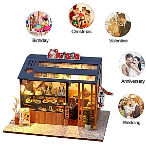 XLZSP DIY LED Lights Miniature Dollhouse Kit Street Shop Doll House Model Wooden Furniture for Valentine's Day Creative Gifts (Sushi)