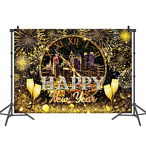 BAIFNEZ 2024 New Year Countdown Backdrop Sparkling Gold Fireworks Champagne Glasses City Night Photography Background New Year's Eve Family Gathering Business Party Decoration Supplies (7x5FT, Gold)