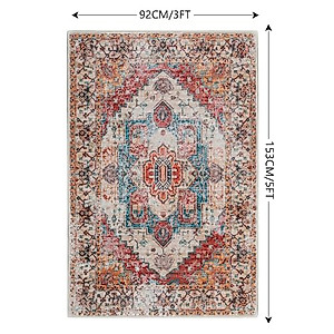 Comeet Boho Area Rug 4x6, Washable Rug, Indoor Throw Mat Anti Slip Backing Floor Carpet for Kitchen Living Room Bedroom Dining Room Orange/Blue