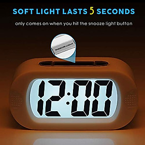 Plumeet Digital Alarm Clock Travel Clock with Snooze and Nightlight - Easy to Set Simple Bedside Alarm Clocks for Kids - Ascending Sound - Battery Powered (White)