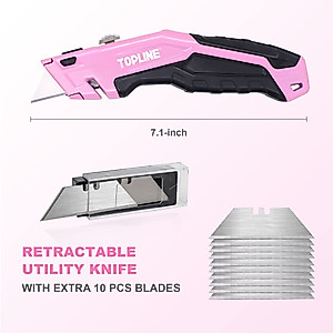 TOPLINE Retractable Pink Utility Knife, Retractable Pink Box Cutter, Blade Storage Design, 18-Piece SK5 Blades and a Dispenser Included (1 PACK(PINK))