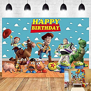 Cartoon Toy Story Birthday Party Theme Photography Backdrops Blue Sky White Clouds Banner Kids Birthday Party Photo Background Cake Table Decoration Supplies Studio Booth Props 5x3ft Vinyl