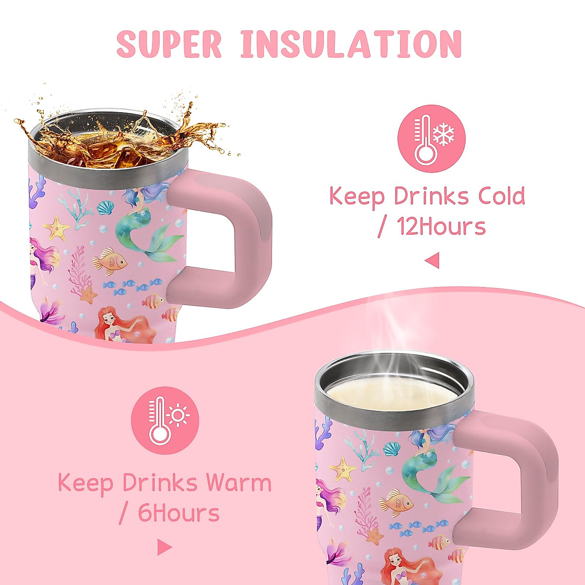 Mermaid Gifts for Girls, Little Mermaid Tumbler with Handle and Straw for Kids 14 oz, Mermaid Gifts for Ocean Lover, Insulated Stainless Steel Mermaid Cup, Mermaid Birthday Gifts for Toddlers Girls