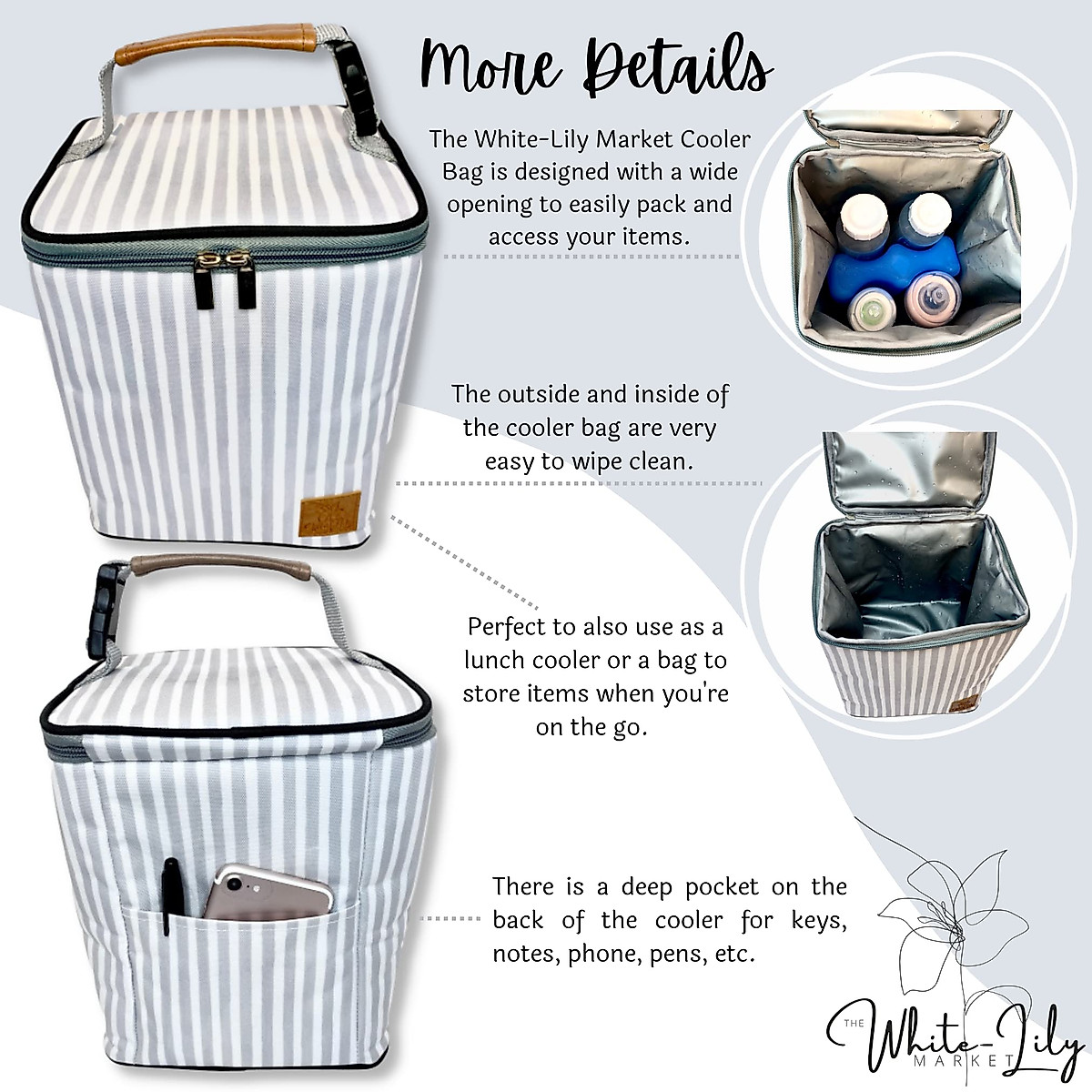 The White-Lily Market Insulated Baby Bottle and Breastmilk Cooler Bag | Ice Pack Included | Daycare and On the Go Travel Bag | Fits Tall, Wide and Small Baby Bottles, 4oz to 9oz, Gray & White